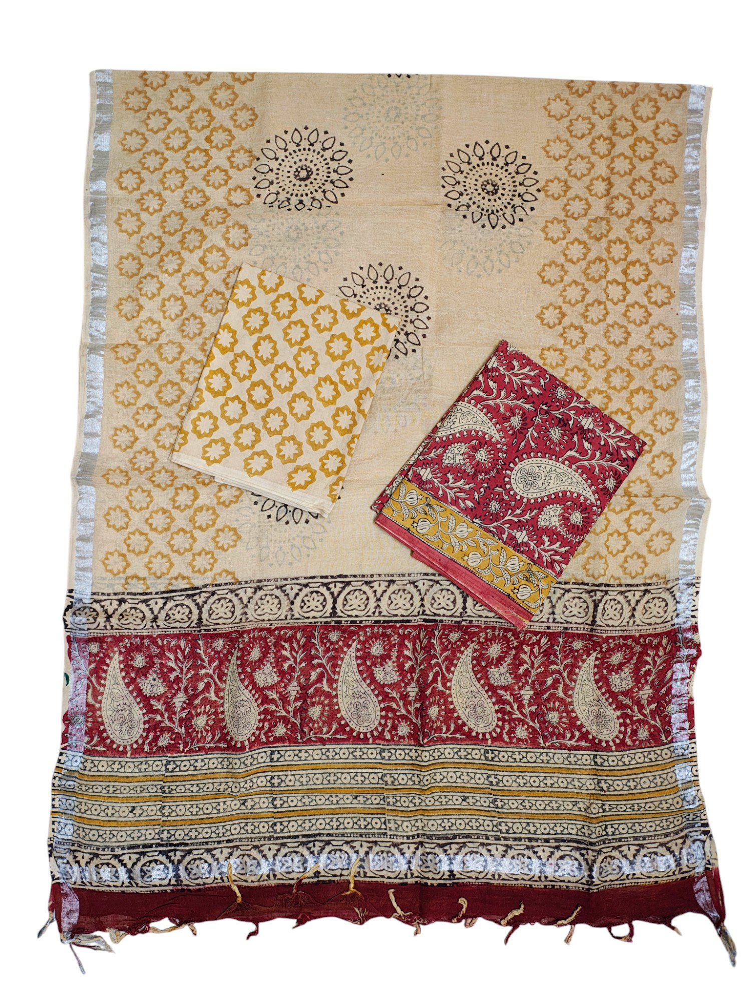 Dark Red Bagru Block Printed Pure Cotton Unstitched Suit Set